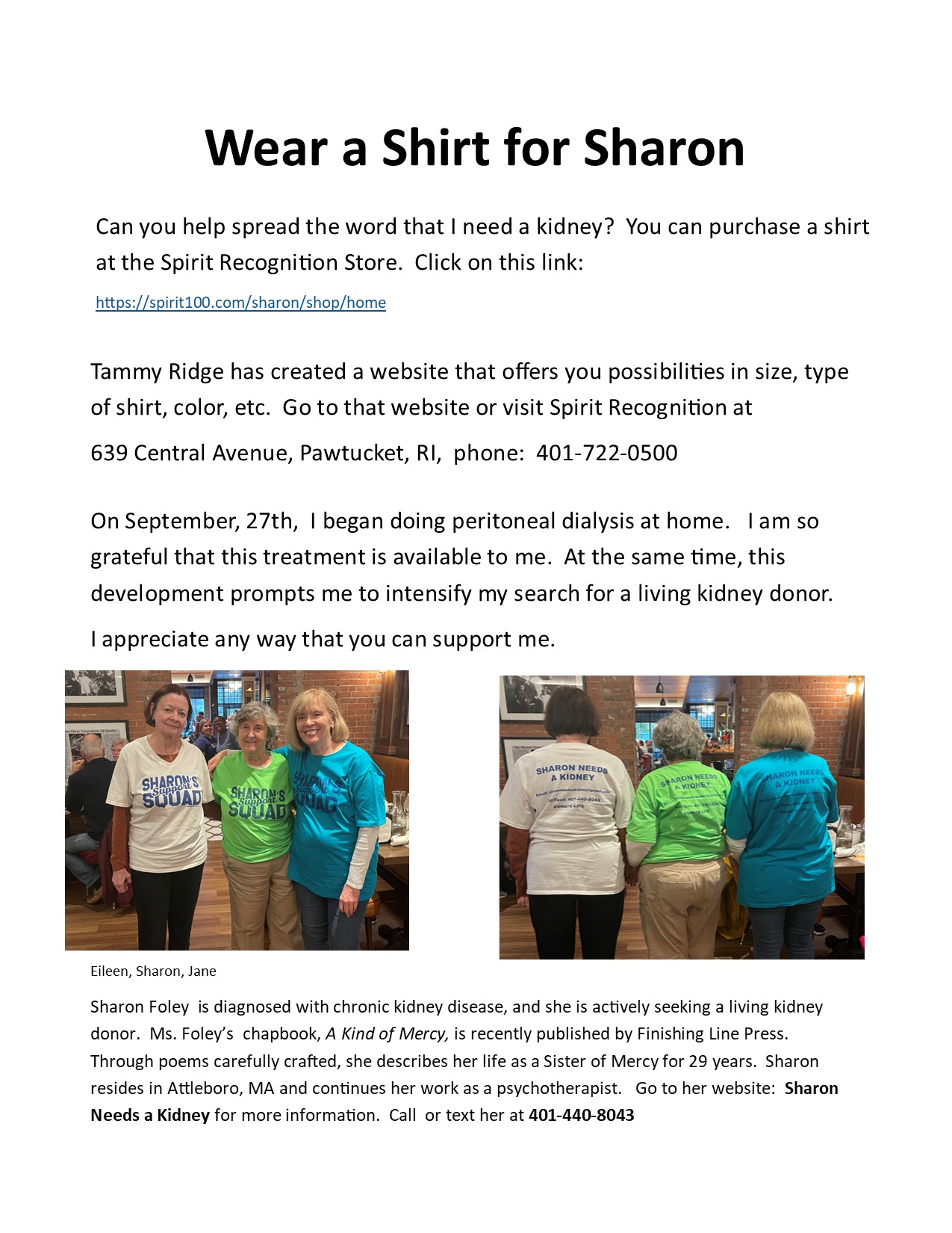 Please Wear A Shirt for Sharon – Sharon Needs a Kidney
